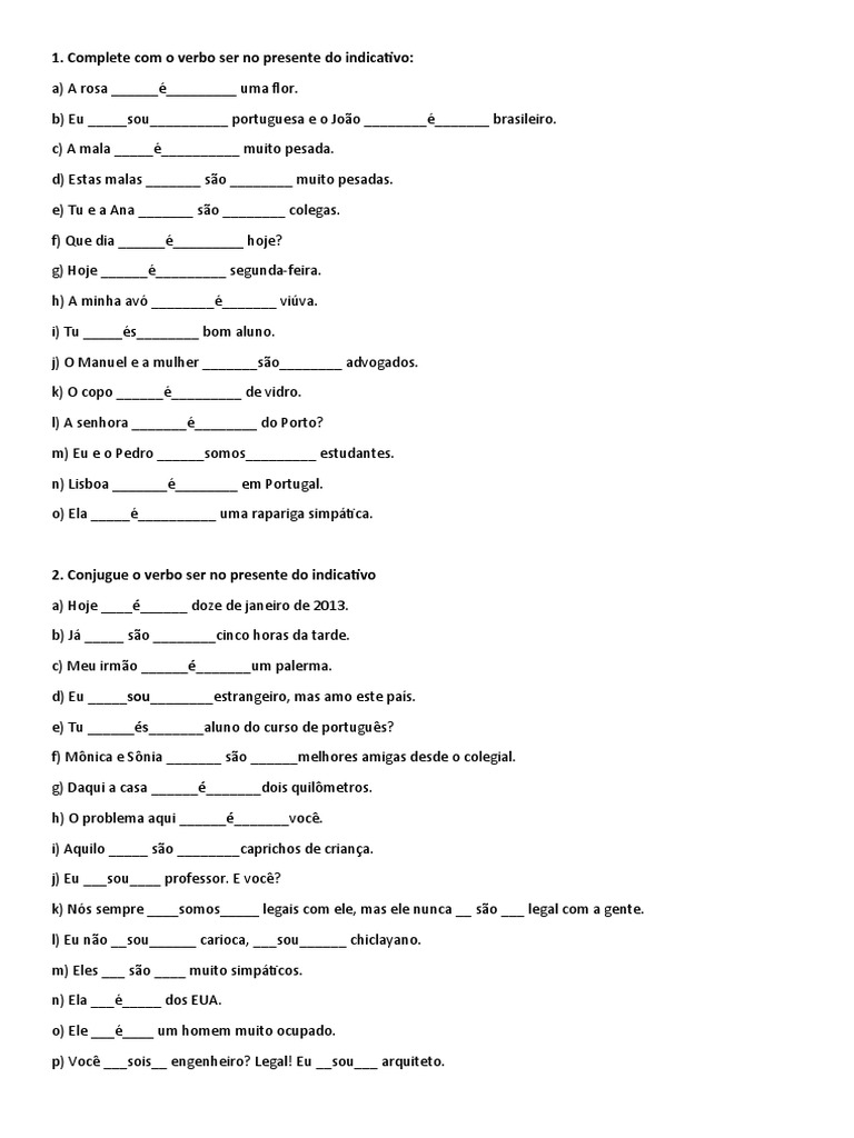 Exercícios Verbo Ser No Presente Do Indicativo | PDF