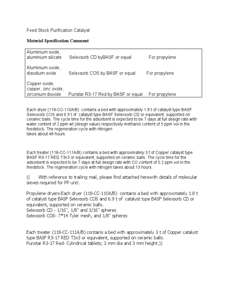 Selexsorb COS Specifications for Propylene | PDF | Technology & Engineering