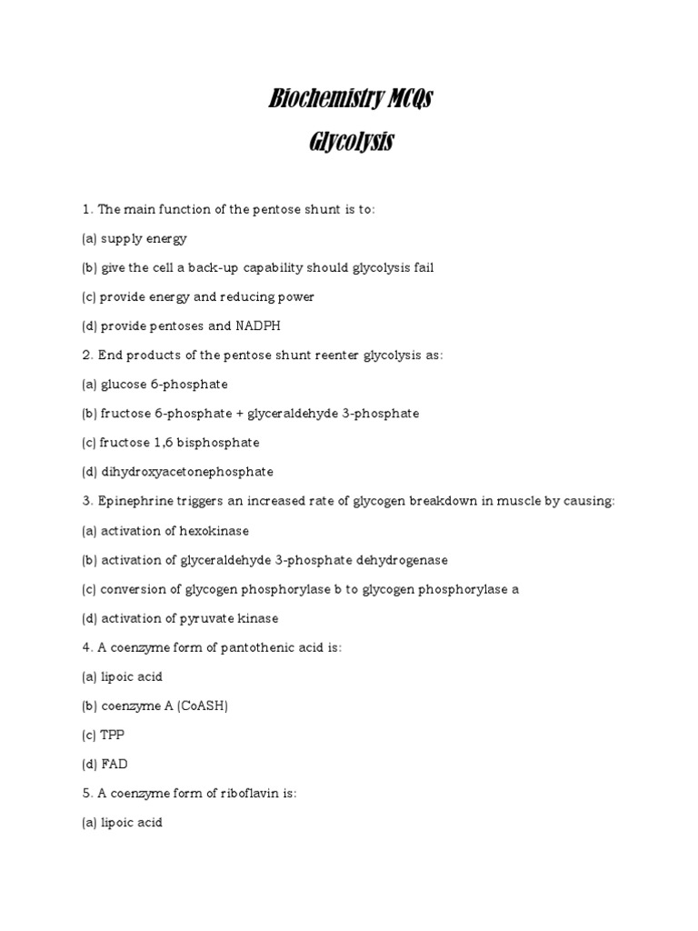 4 - Biochemistry MCQs Glycolysis | PDF | Citric Acid Cycle | Diet ...
