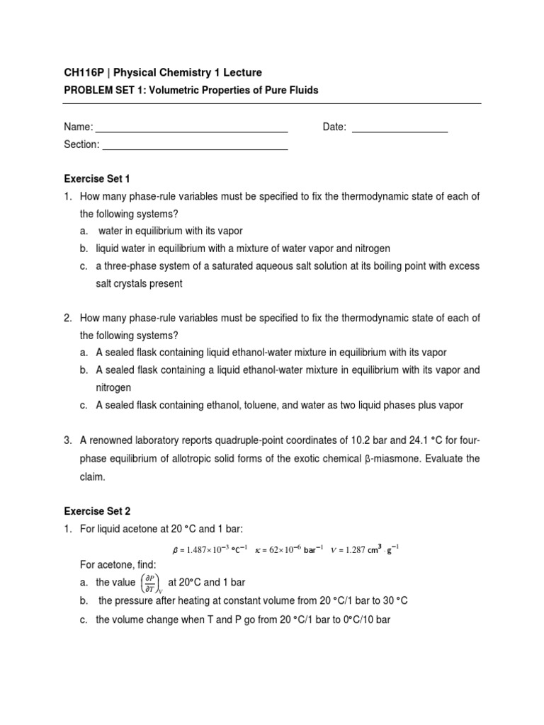 CH116P - Physical Chemistry 1 Lecture: PROBLEM SET 1: Volumetric Properties of Pure Fluids | PDF ...