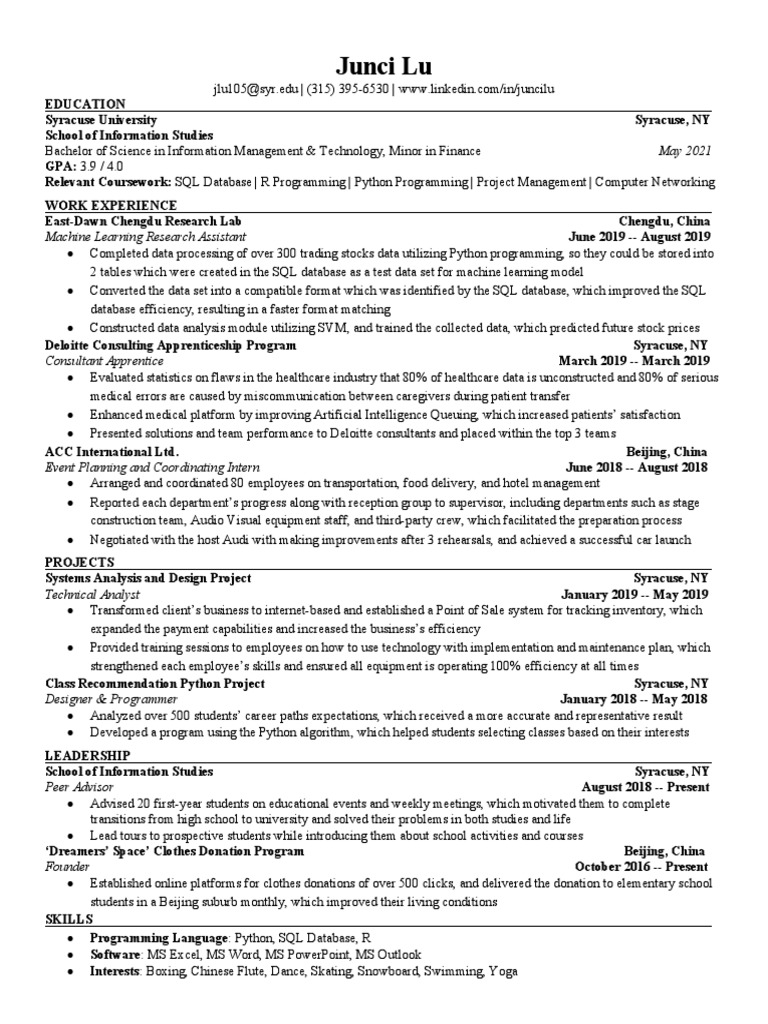 Junci Lus Resume | PDF | Machine Learning | Databases