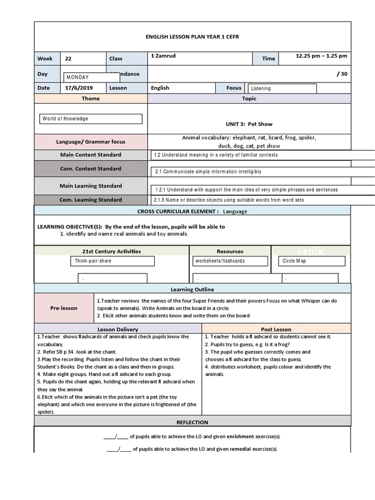 English Lesson Plan Monday | PDF | Lesson Plan | Vocabulary