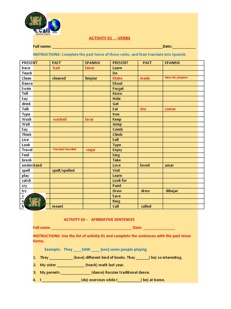Activity 01 - Verbs: Full Name: - Date | PDF | Grammar