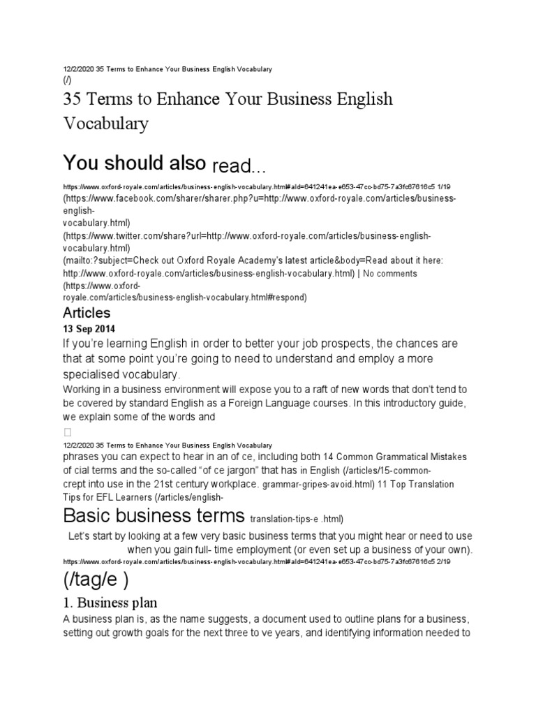 35 Terms To Enhance Your Business English Vocabulary | PDF | Startup ...