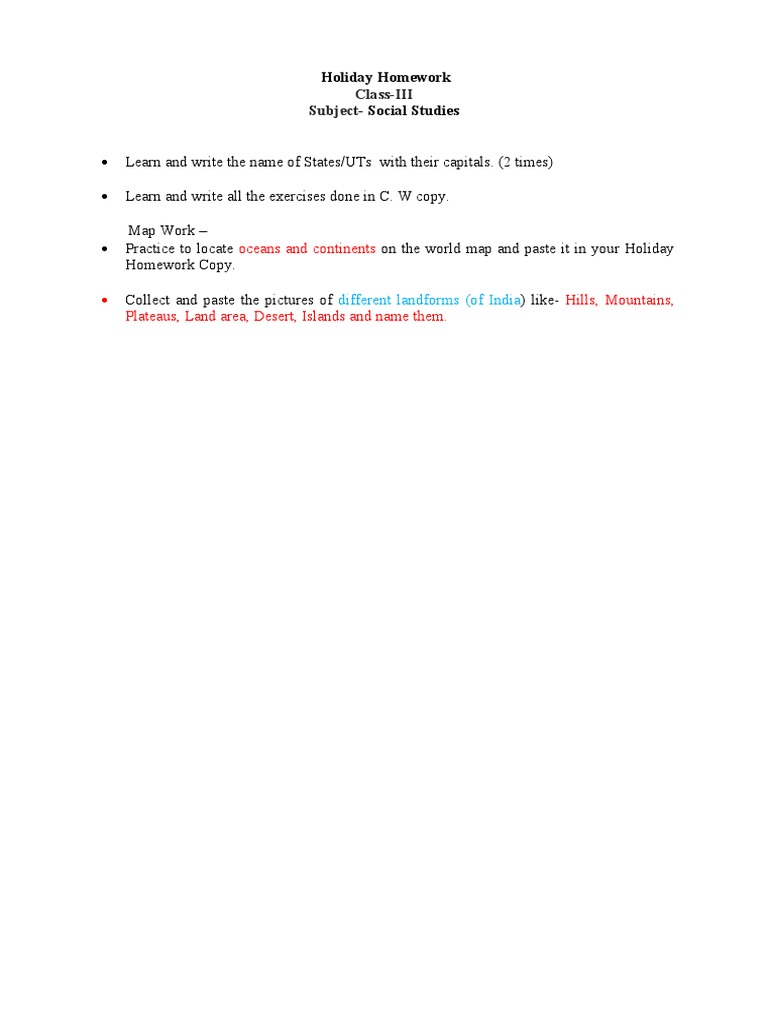 S.St. Holiday Homework Class-3 | PDF