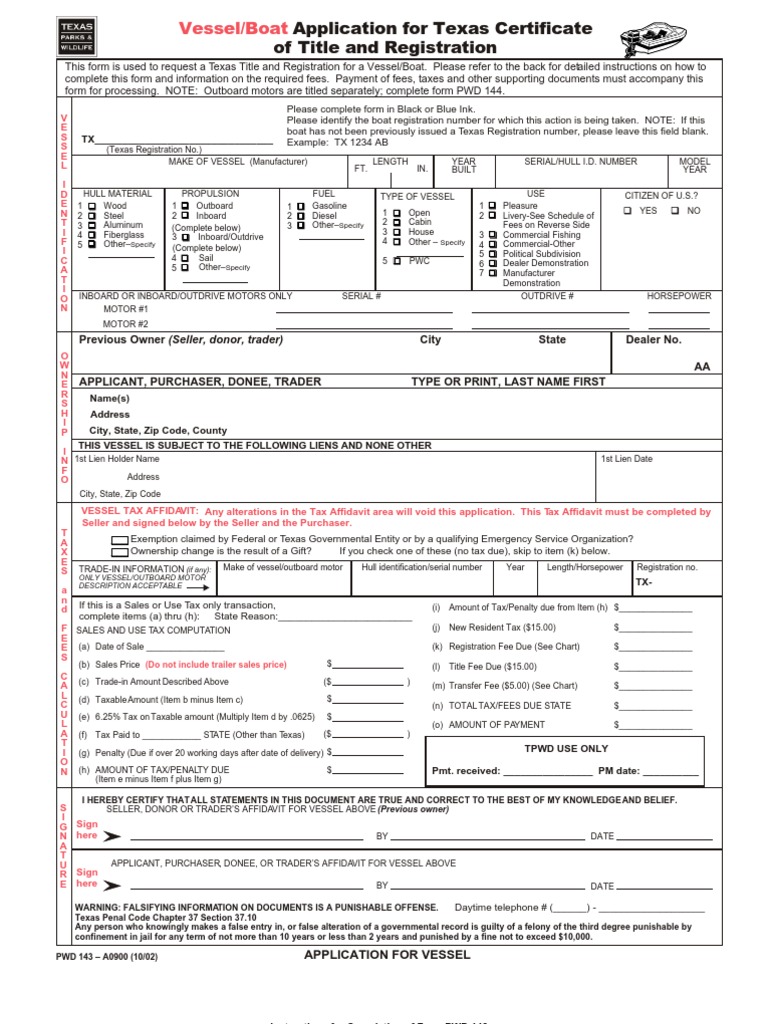 Texas Vessel/Boat Application for Title and Registration Form ...