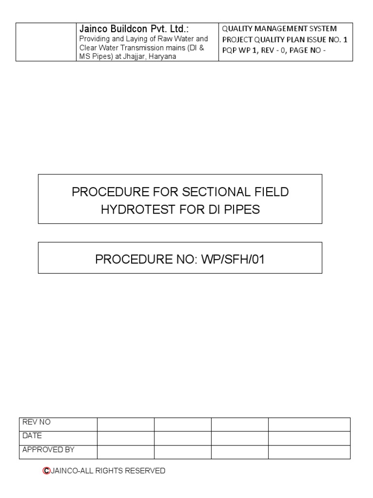 Procedure For Sectional Field Hydrotest For Di Pipes: Jainco Buildcon ...