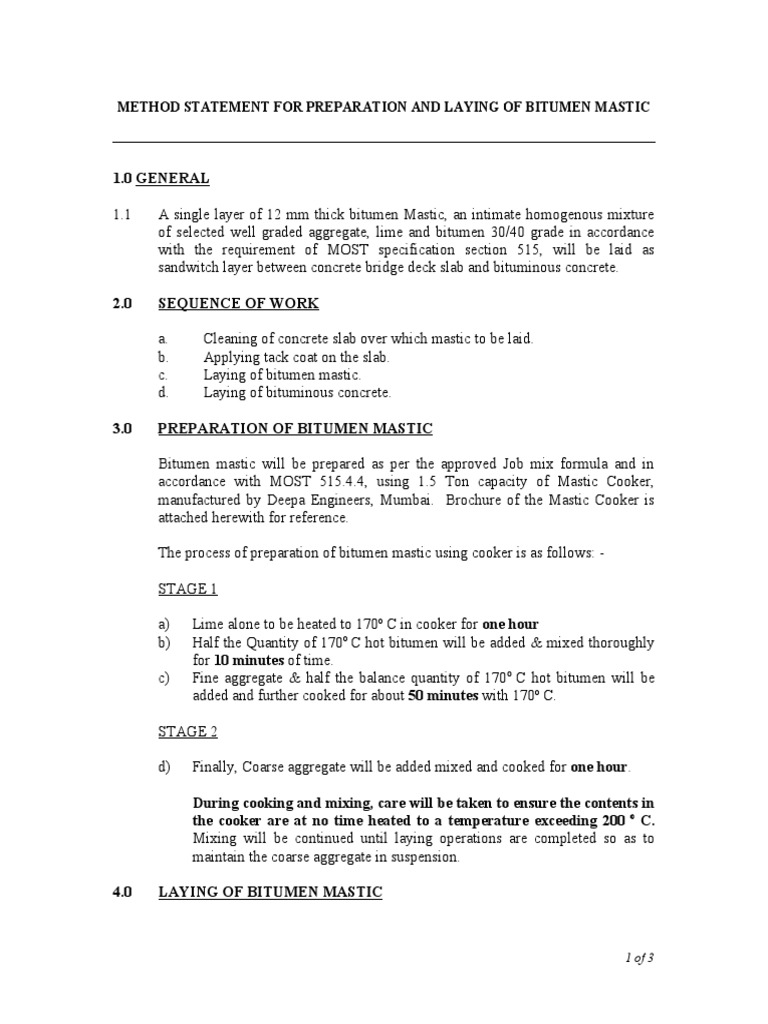 Preparing and Laying Bitumen Mastic: A Method Statement | PDF | Asphalt ...