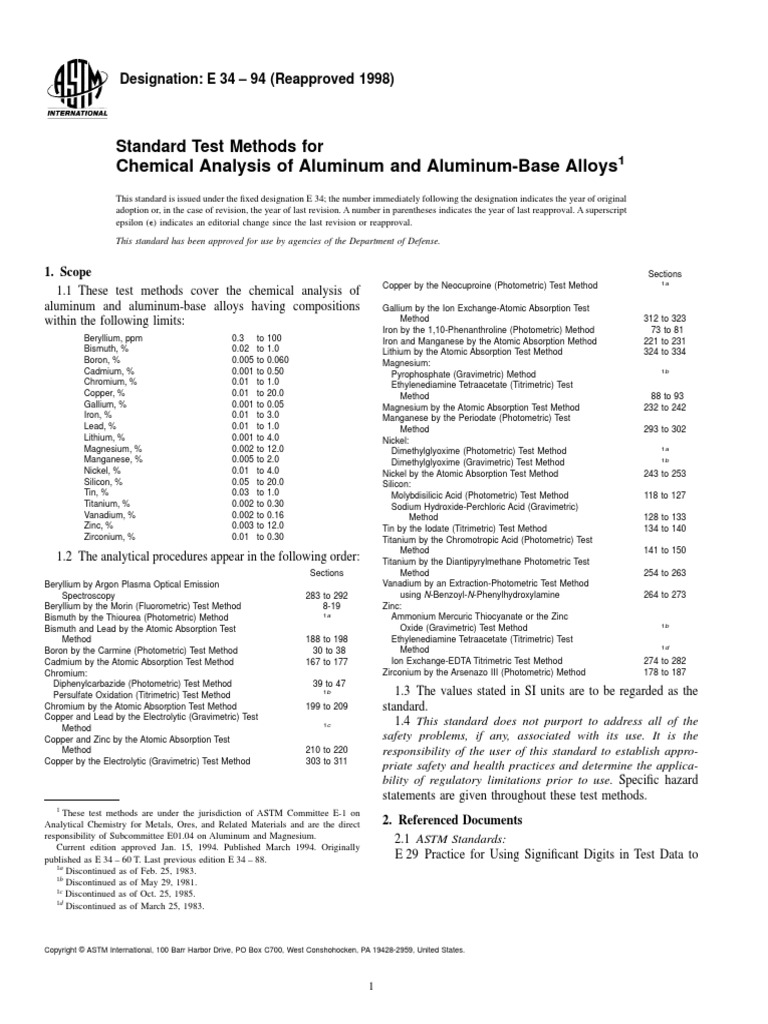 Chemical Analysis of Aluminum and Aluminum-Base Alloys: Standard Test ...
