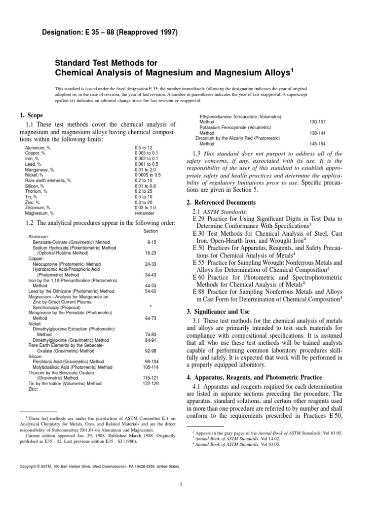Chemical Analysis of Magnesium and Magnesium Alloys: Standard Test ...