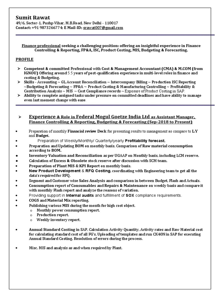 Sumit Rawat: Experience Federal Mogul Goetze India LTD | PDF ...