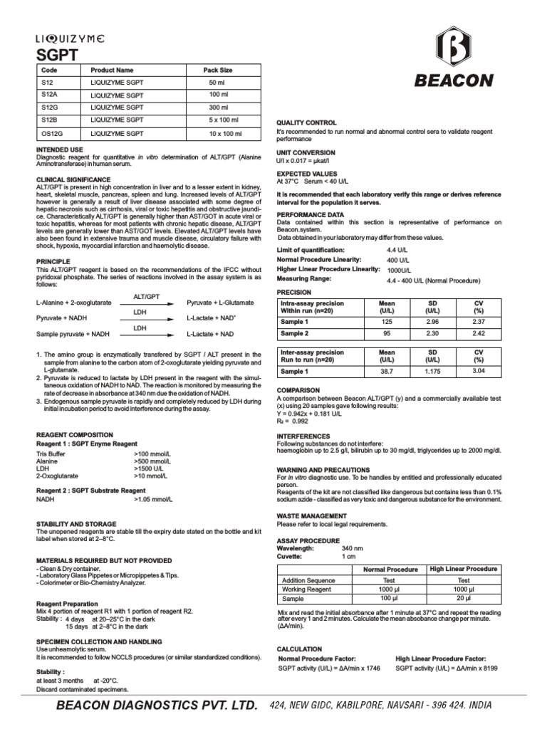 SGPT (ALT) - Kit Insert | PDF | Alanine Transaminase | Lactate ...