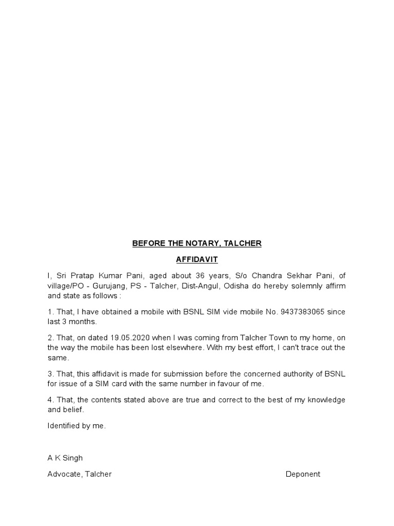 Affidavit for Lost BSNL SIM Card | PDF