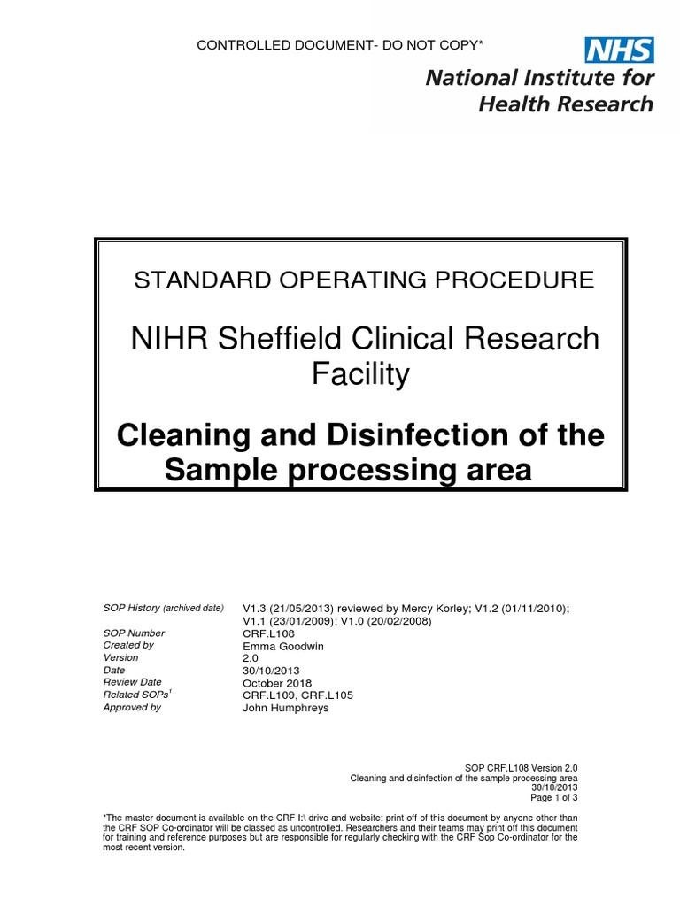Sample Area Cleaning SOP | PDF | Infection Control | Disinfectant