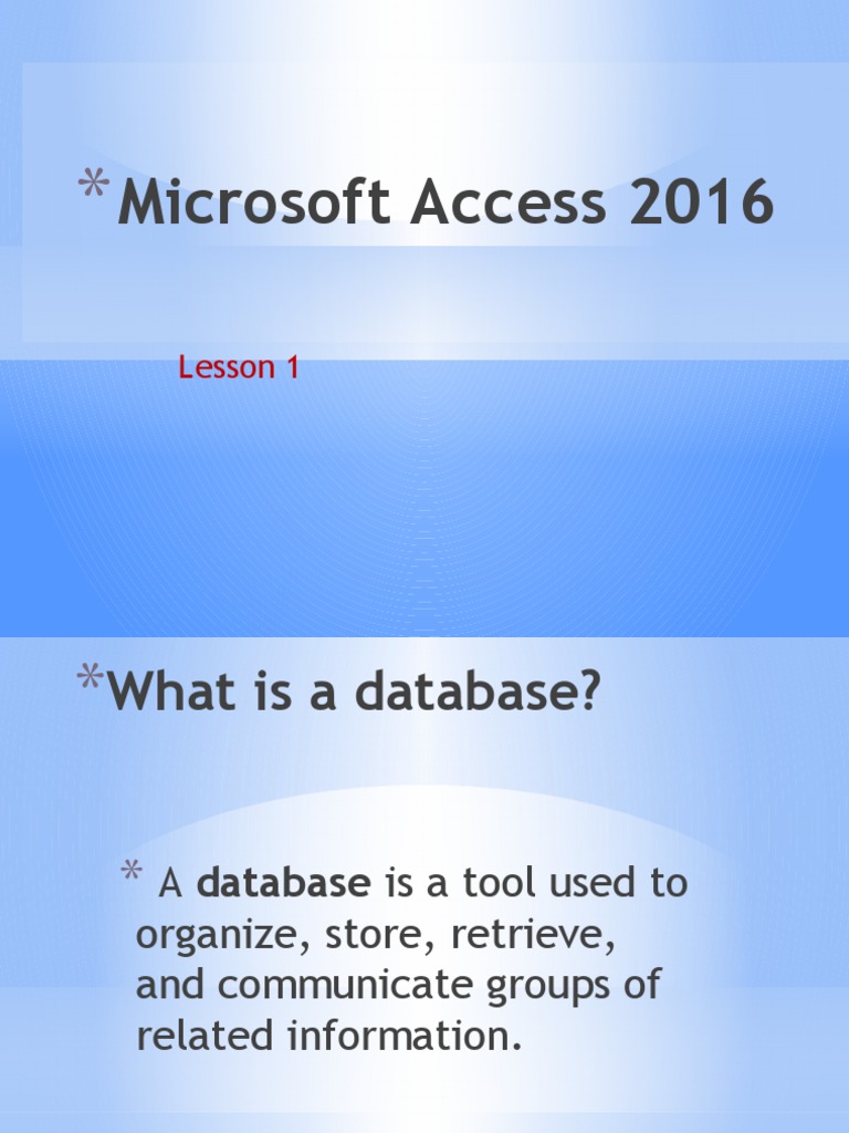 Microsoft Access 2016: Lesson 1 | PDF | Spreadsheet | Databases