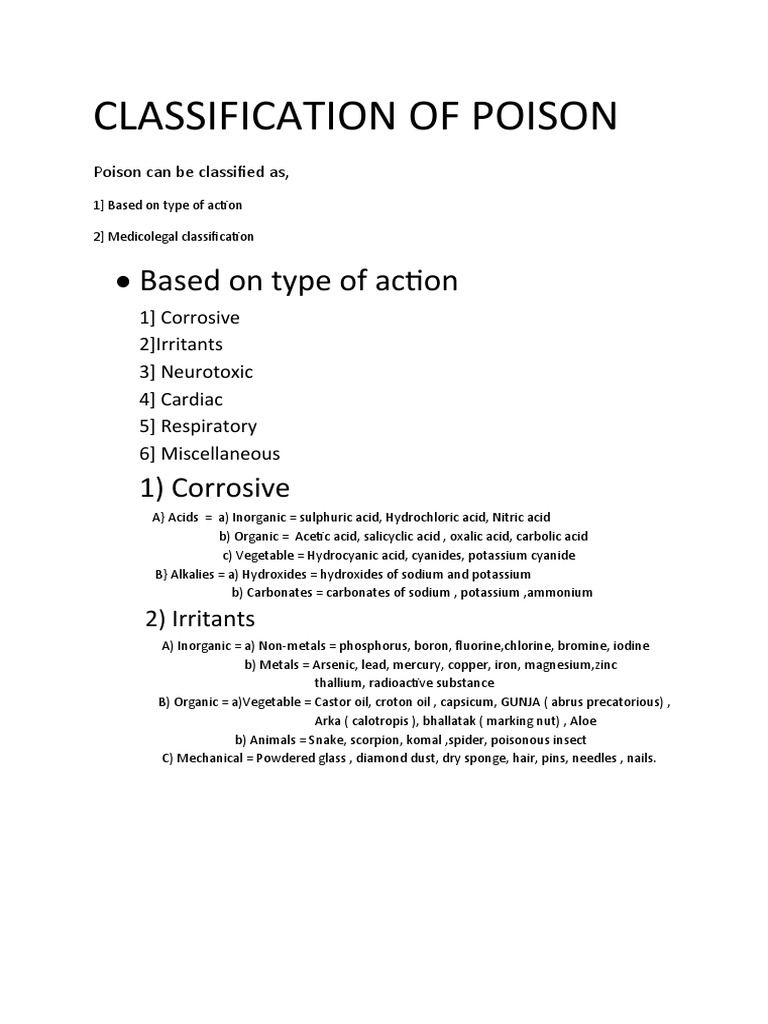 Classification of Poison | PDF | Alkaloid | Organic Compounds