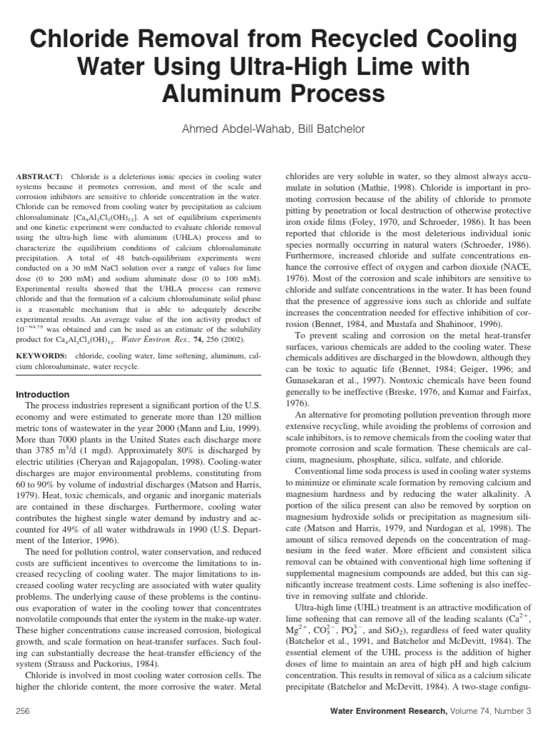 Chloride Removal from Recycled Cooling Water Using Ultra-High Lime with ...