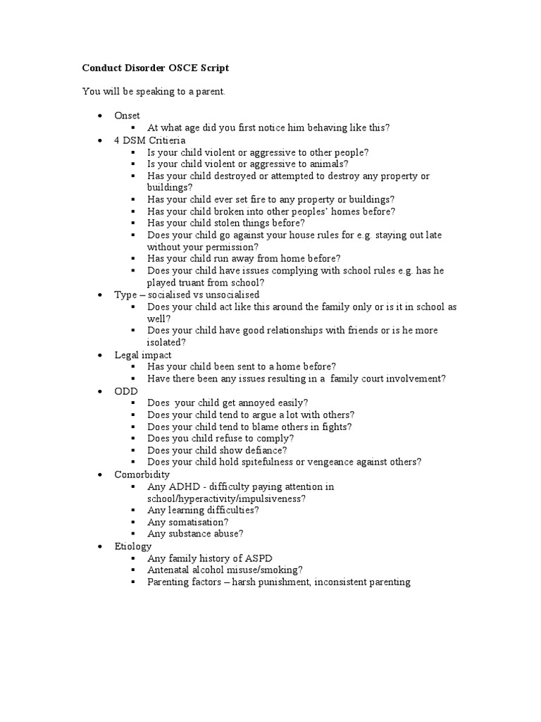 PSYCH Conduct Disorder OSCE Script | PDF