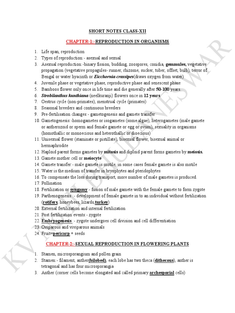 Short Notes Class-Xii (1-4) PDF | PDF | Pollination | Seed