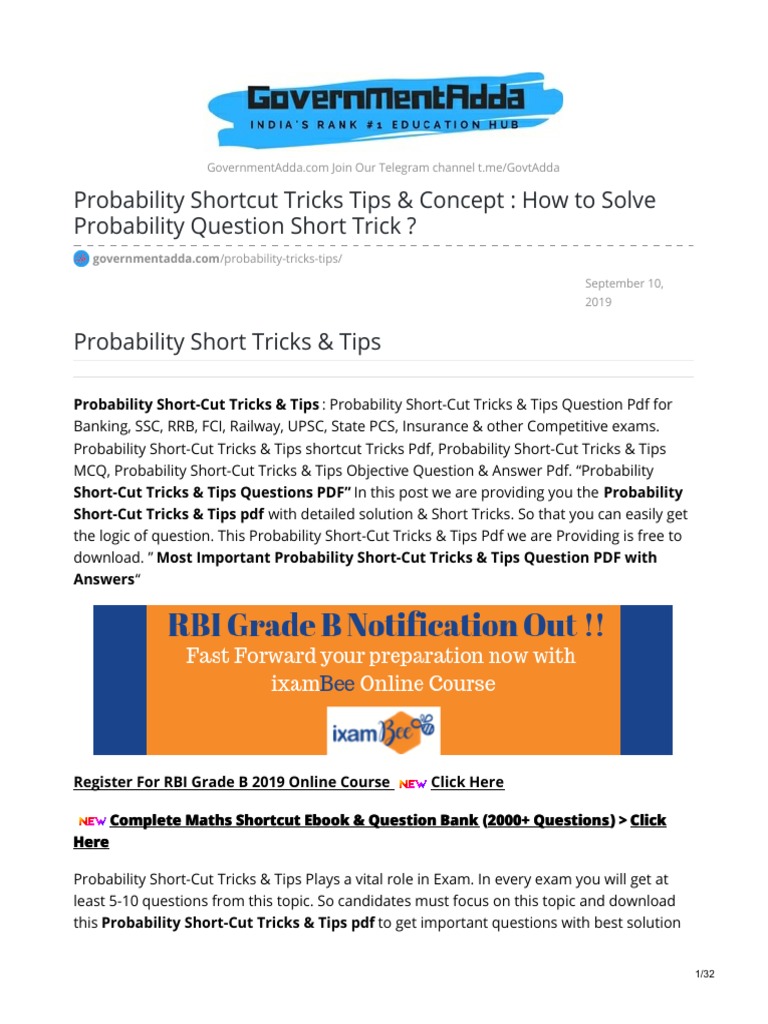 Probability Shortcuts and Tips Guide | PDF | Odds | Probability And ...