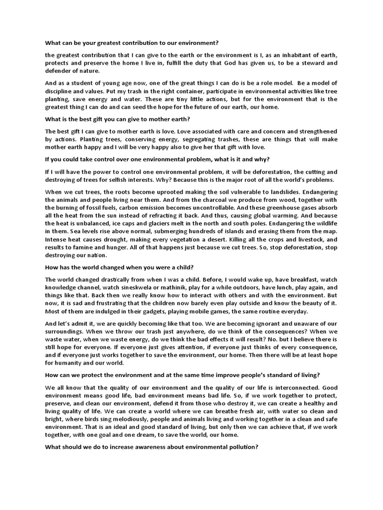 What Can Be Your Greatest Contribution To Our Environment | PDF ...