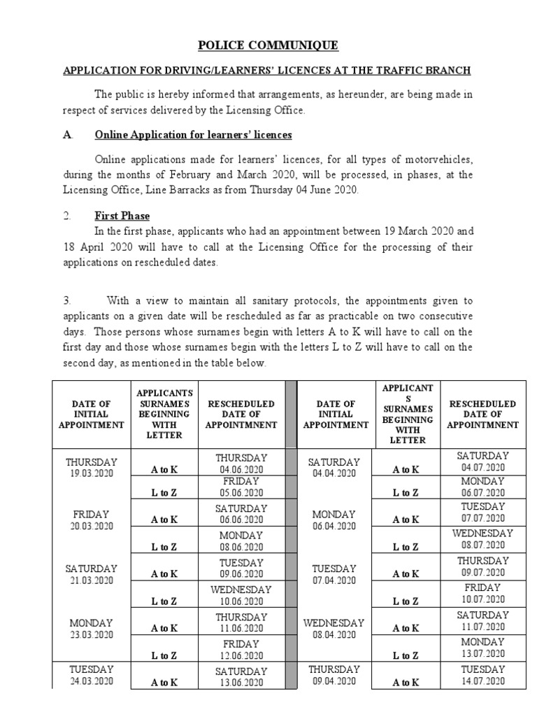 Police Communique: A. Online Application For Learners' Licences | PDF ...