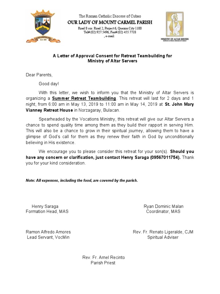 Retreat Approval Letter For Parents | PDF | Catholic Church