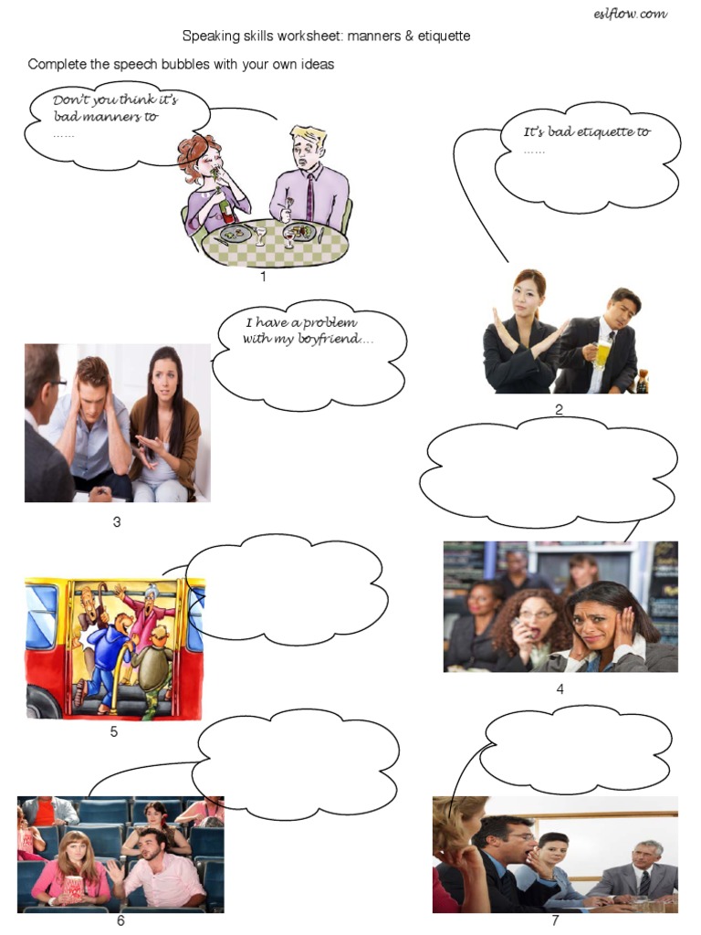 Speaking Skills Worksheet: Manners & Etiquette Complete The Speech ...