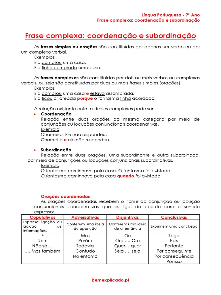 Frase Complexa - Coordenação e Subordinação - Ficha Informativa | PDF ...
