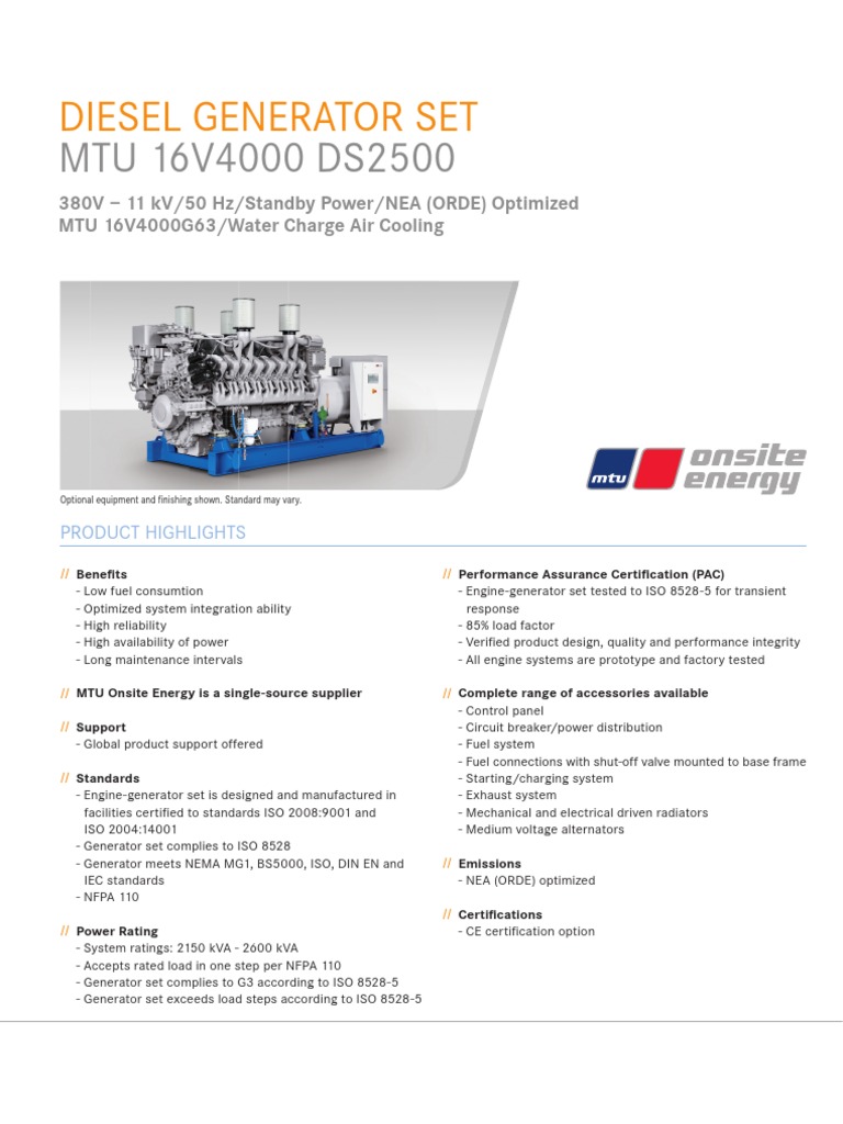 MTU 16V4000 DS2500: Diesel Generator Set | PDF | Electric Generator ...