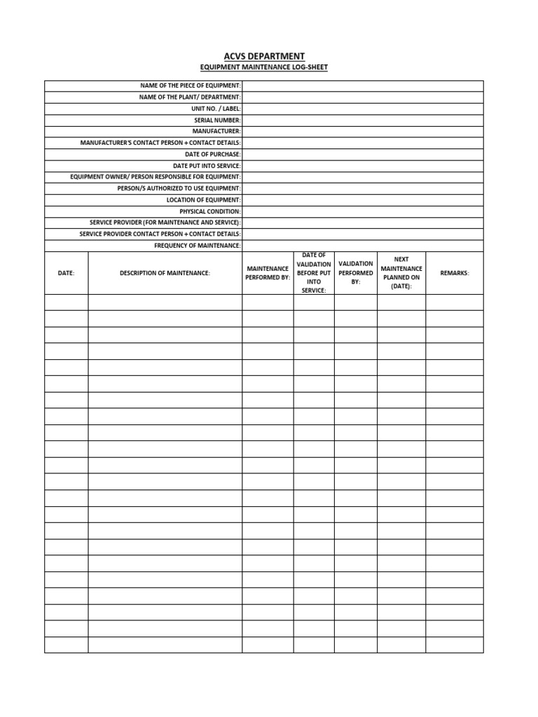 Acvs Department: Equipment Maintenance Log-Sheet | PDF