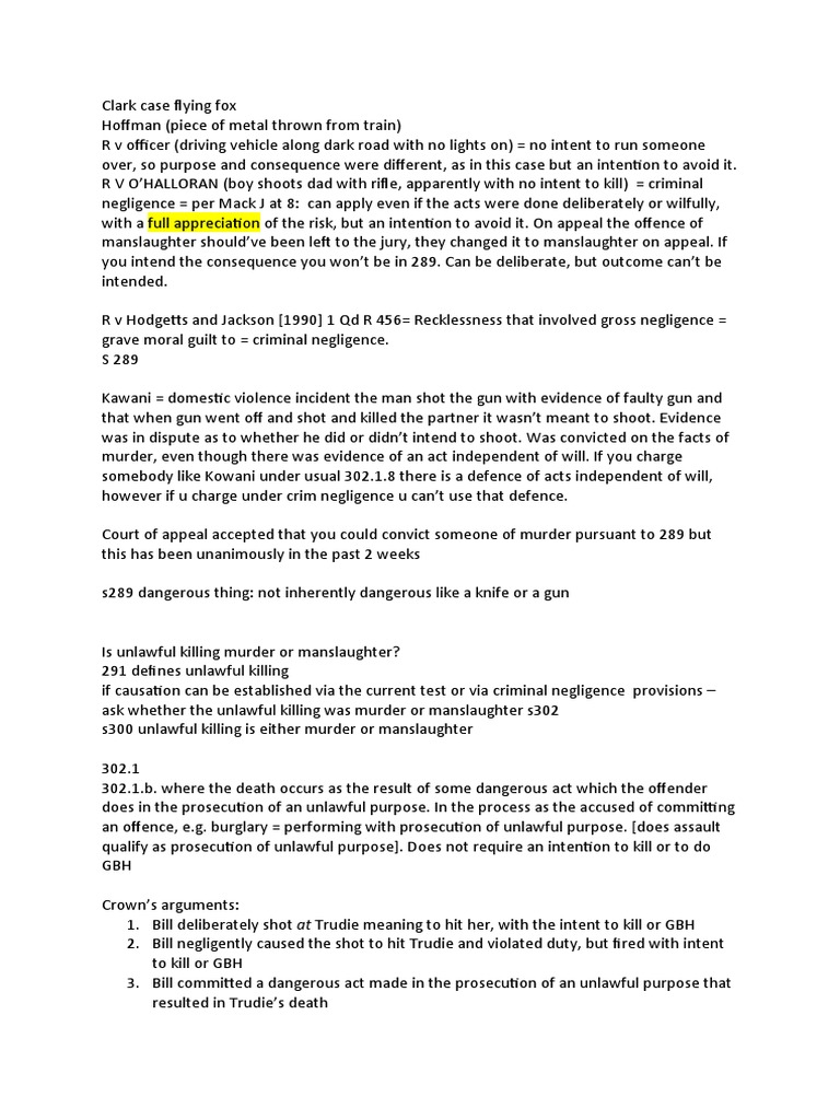 Crim Law Assignment Notes | PDF | Manslaughter | Intention (Criminal Law)