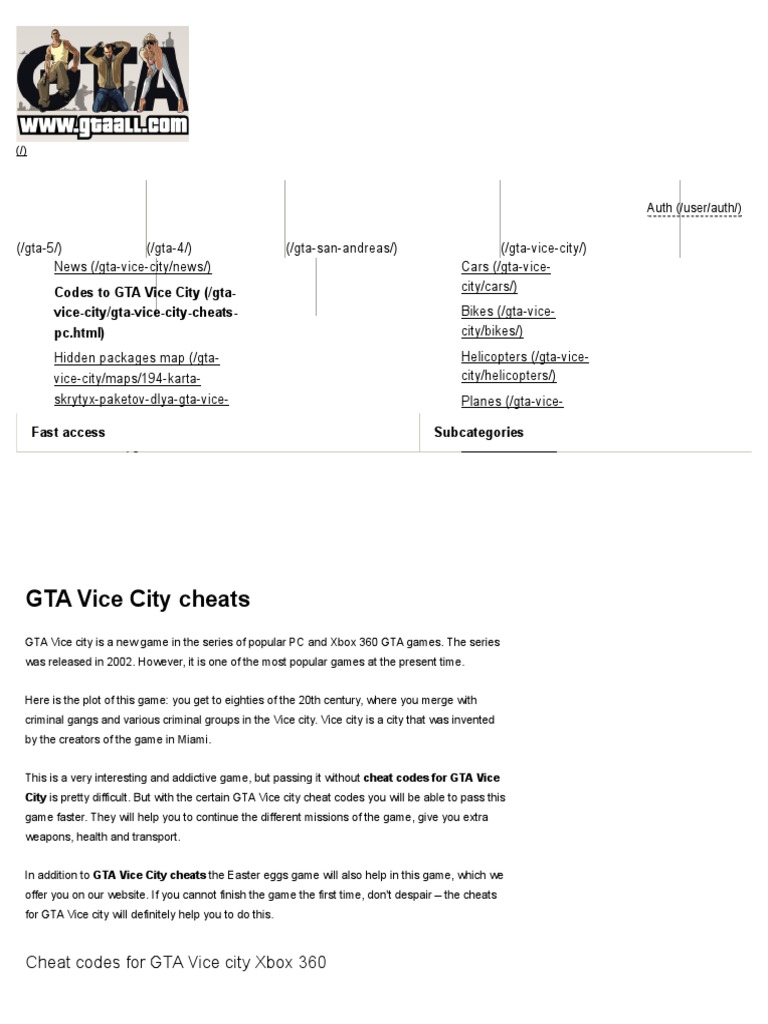 GTA Vice City Cheat Codes Guide | PDF | Cheating In Video Games | Leisure
