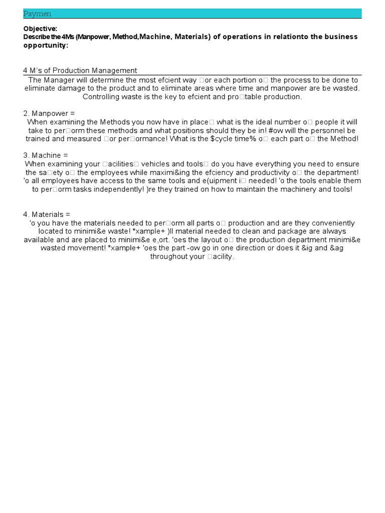 Method, Machine, Materials) of Operations in Relationto The Business ...