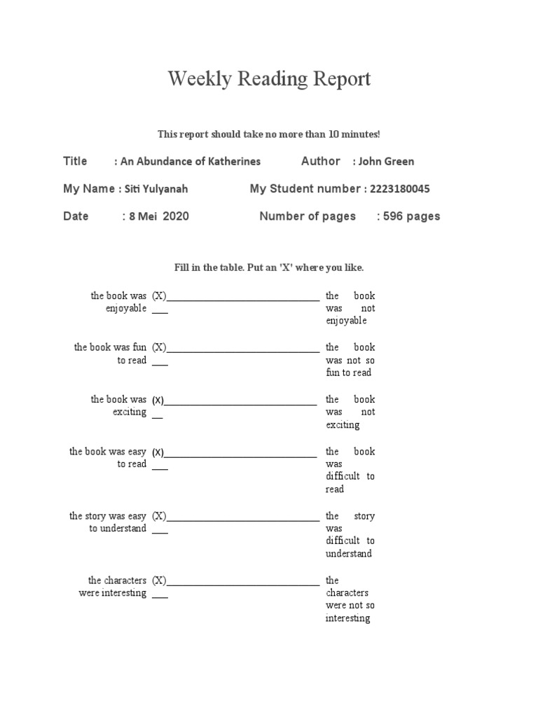 Weekly Reading Report: This Report Should Take No More Than 10 Minutes ...