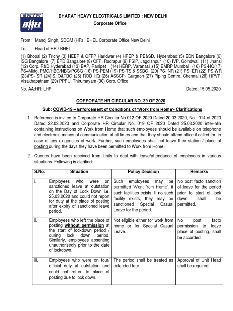 CORPORATE HR CIRCULAR NO 39 OF 2020 - COVID-19 - Enforcement of ...