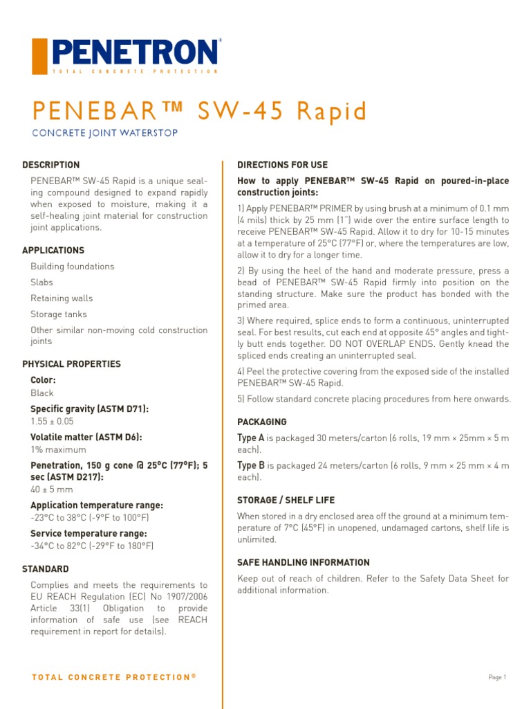 PENEBAR™ SW-45 Rapid: Concrete Joint Waterstop | PDF | Shelf Life ...