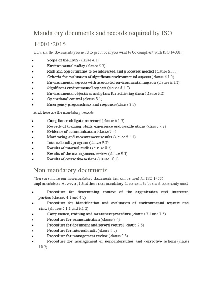 Mandatory Documents and Records ISO 14001 | PDF