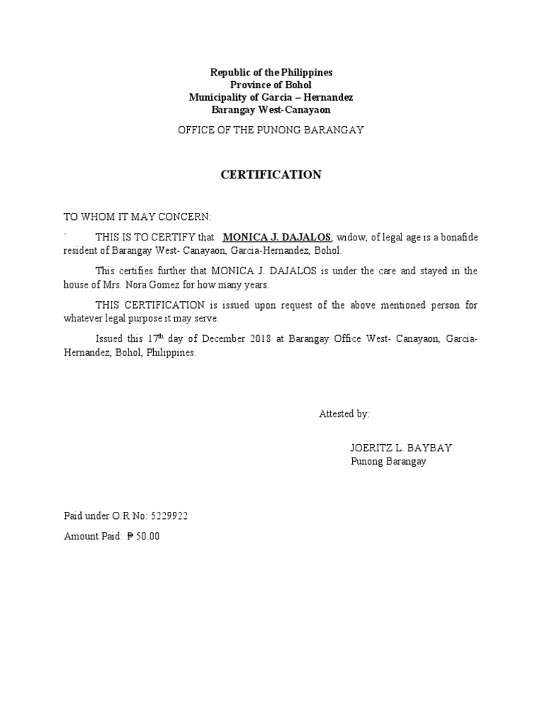 Certification: Republic of The Philippines Province of Bohol ...