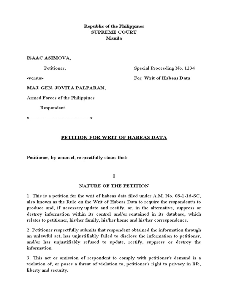 Sample - Writ of Habeas Data | PDF | Habeas Corpus | Privacy Sample - Writ of Habeas Data | PDF | Habeas Corpus | Privacy