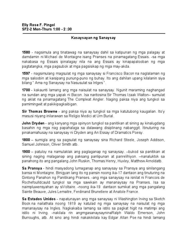 Kasaysayan NG Sanaysay | PDF