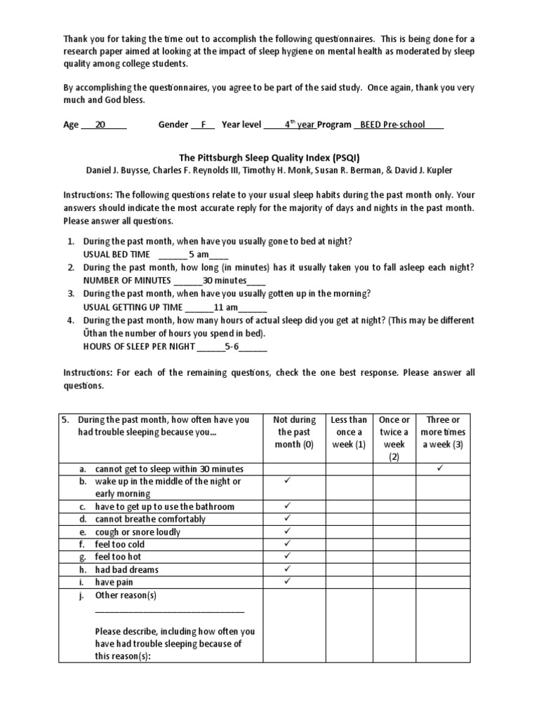 The Pittsburgh Sleep Quality Index (PSQI) : Age Gender F Year Level ...