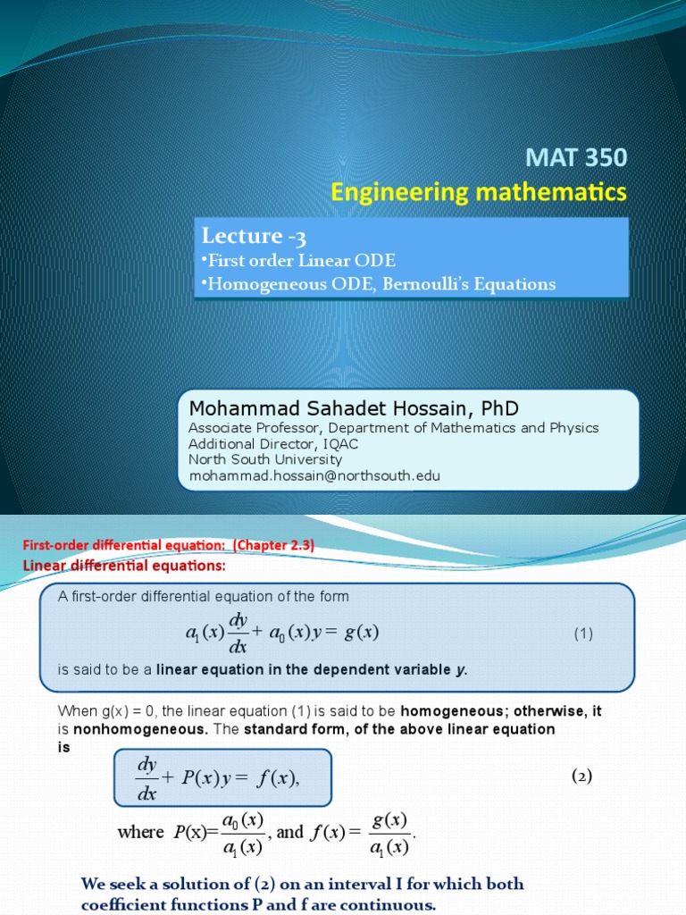 Engineering Mathematics: Lecture - 3 | PDF | Ordinary Differential ...