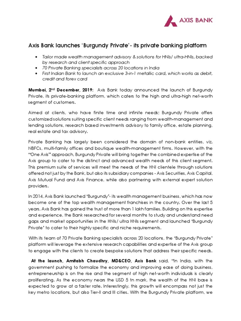 Axis Bank Launches Burgundy Private'-Its Private Banking Platform | PDF ...