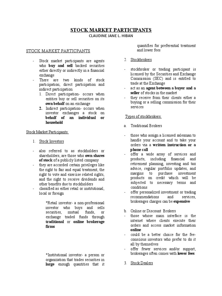 Stock Market Participants: Claudine Jane L. Hiban | Download Free PDF ...