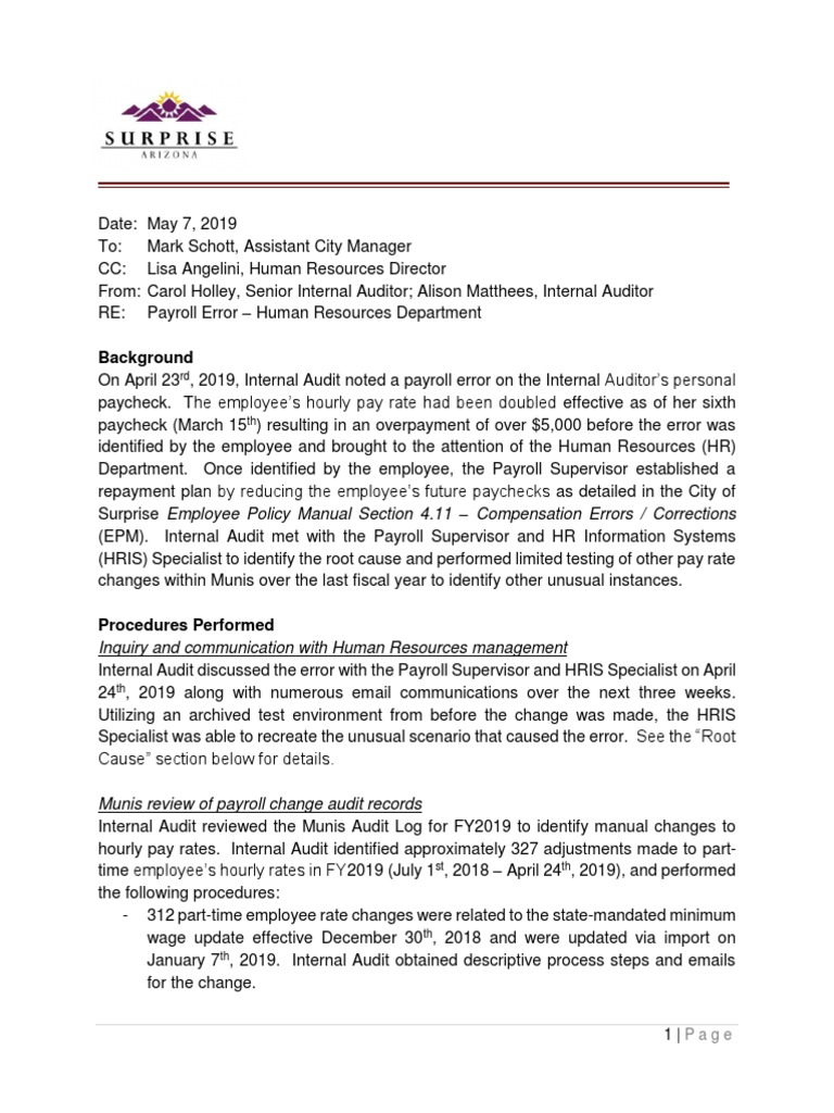 Memo - Payroll Error Review PDF | PDF | Payroll | Internal Audit