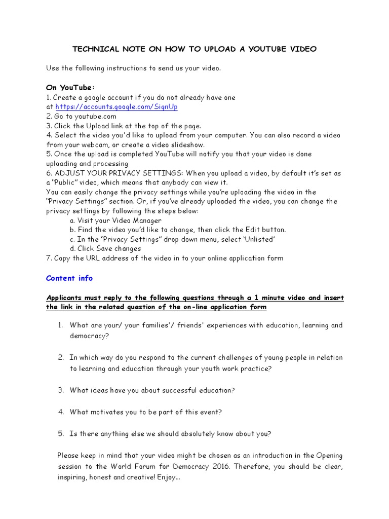 Technical Note On How To Upload A Youtube Video | PDF