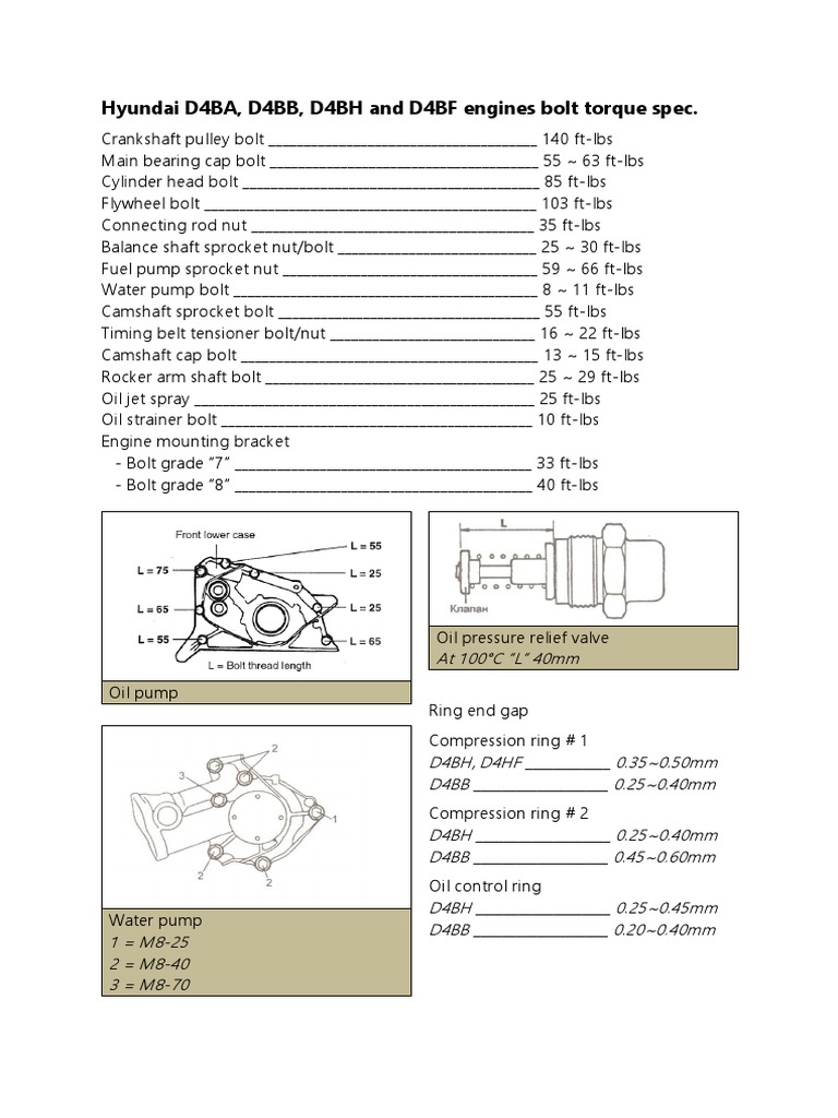 Hyundai D4BA, D4BB, D4BH and D4BF Engines Bolt Torque Spec | PDF