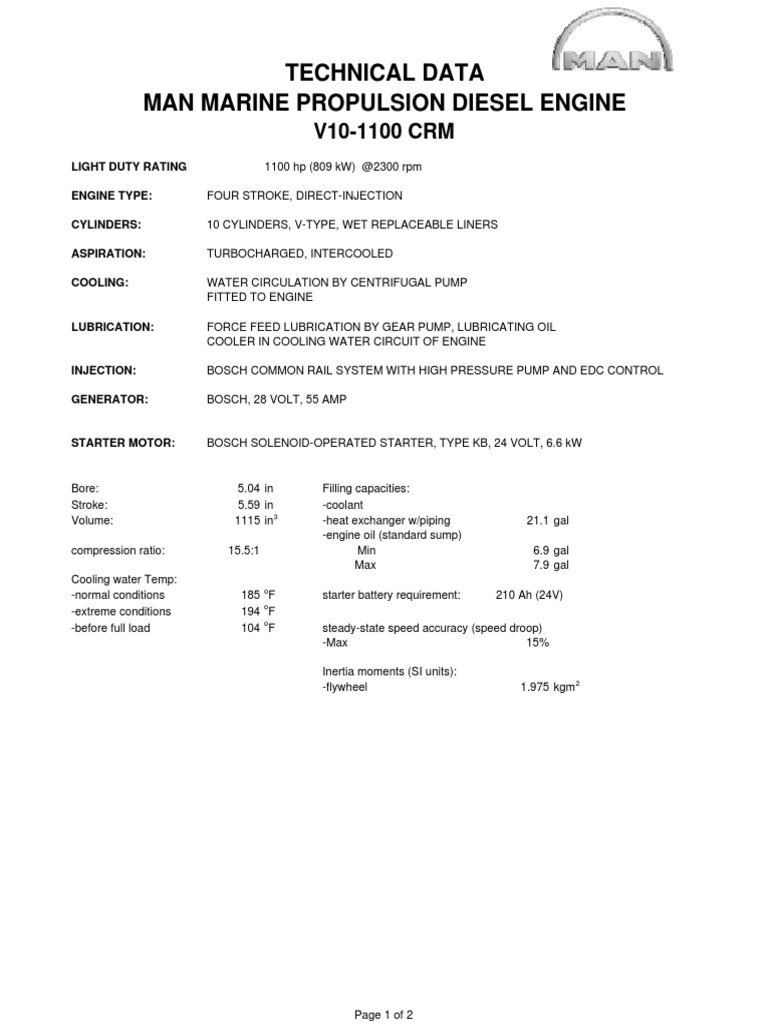 Technical Data Man Marine Propulsion Diesel Engine: V10-1100 CRM | PDF ...