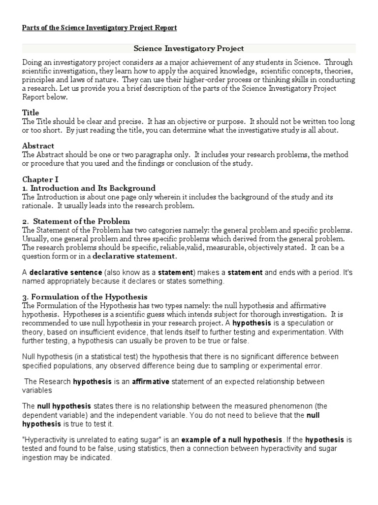 Parts of The Science Investigatory Project | PDF | Hypothesis | Null ...